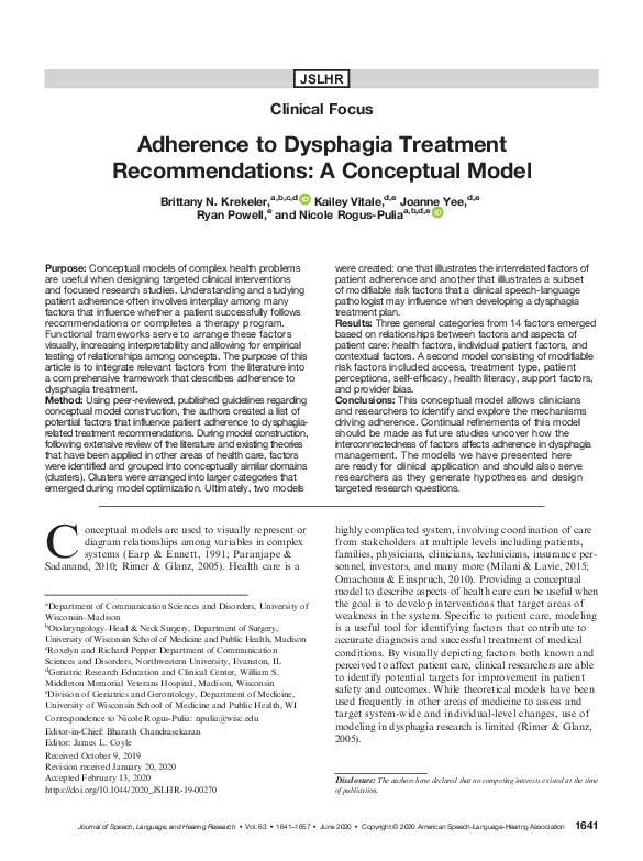 (PDF) Adherence to Dysphagia Treatment Recommendations: A Conceptual Model