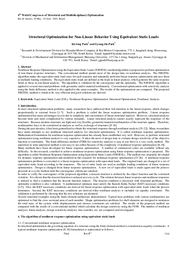Pdf Structural Optimization For Non Linear Behavior Using Equivalent Static Loads By