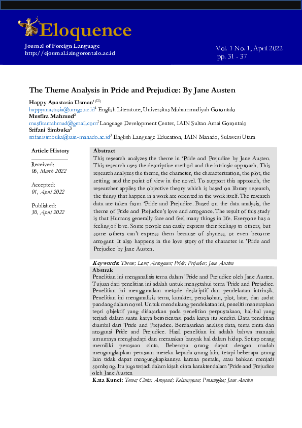 (PDF) Theme Analysis in Pride and Prejudice: By Jane Austen