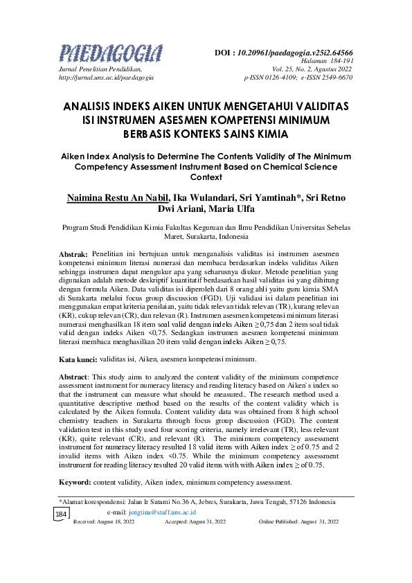 (PDF) Analisis Indeks Aiken untuk Mengetahui Validitas Isi Instrumen Asesmen Kompetensi Minimum ...