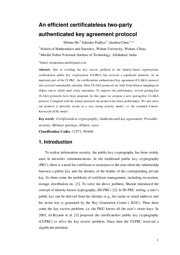 Pdf An Efficient Certificateless Two Party Authenticated Key Agreement Protocol Sahadeo