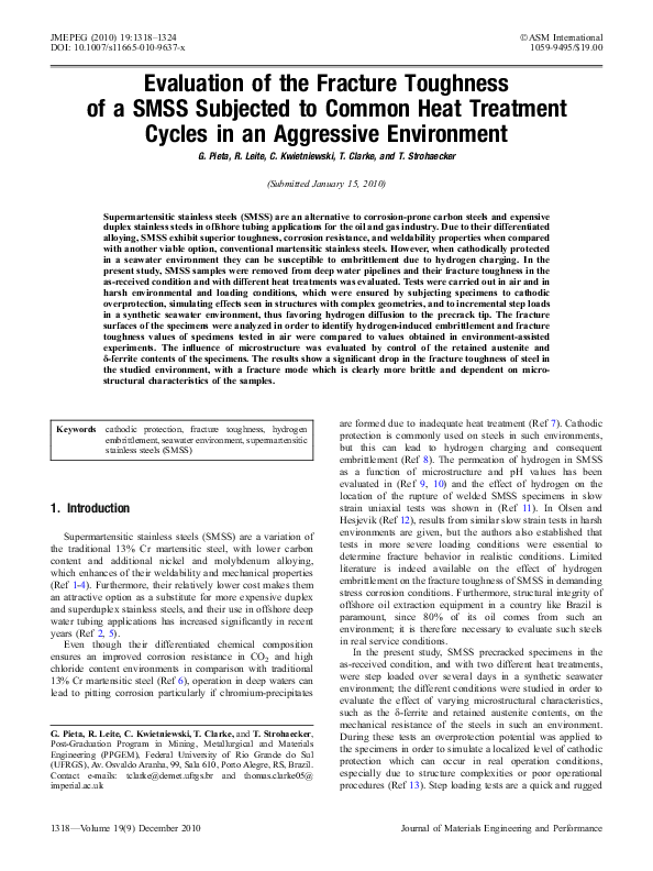 Pdf Evaluation Of The Fracture Toughness Of A Smss Subjected To Common Heat Treatment Cycles