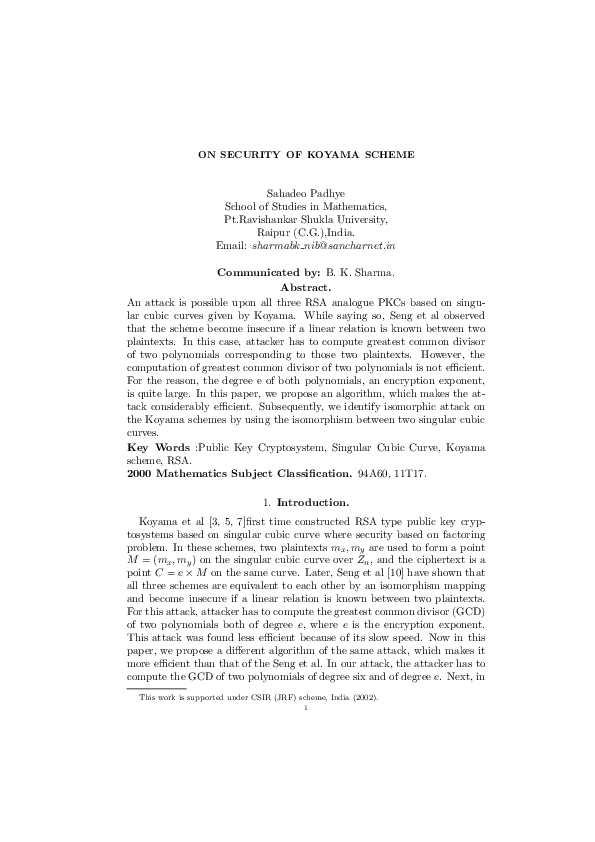(PDF) On Security of Koyama Schemes | Sahadeo Padhye - Academia.edu