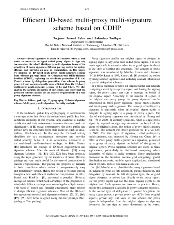 Pdf Efficient Id Based Multiproxy Multisignature Without Bilinear Maps In Rom Sahadeo Padhye 