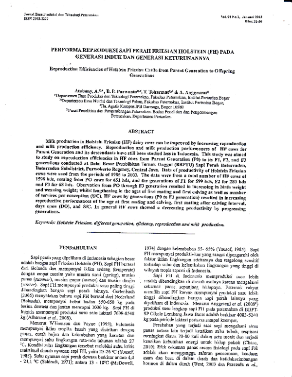 (PDF) Performa Reproduksi Sapi Perah Friesian Holstein (FH) Pada ...