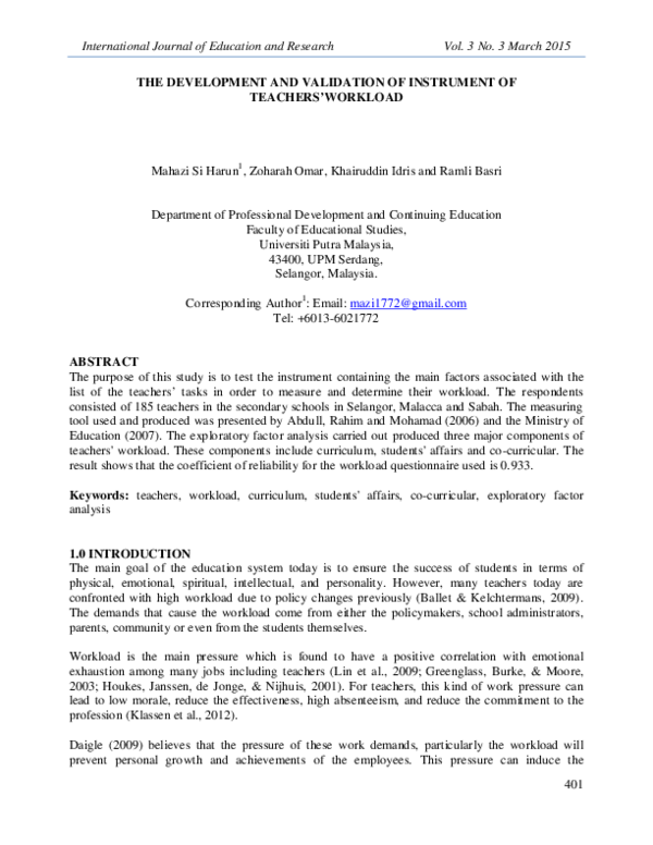 (PDF) The Development and Validation of Instrument of Teachers'Workload