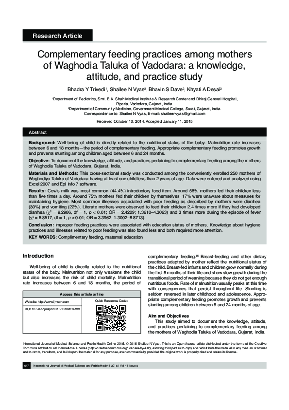 (PDF) Complementary feeding practices among mothers of Waghodia Taluka of Vadodara: a knowledge ...