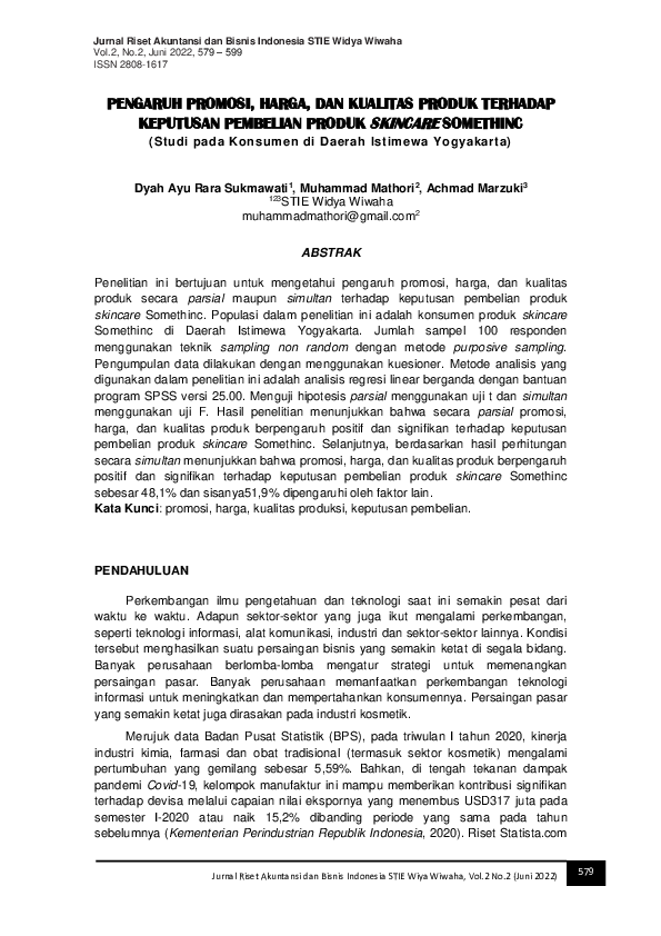(PDF) Pengaruh Promosi, Harga, Dan Kualitas Produk Terhadap Keputusan Pembelian Produk Skincare ...