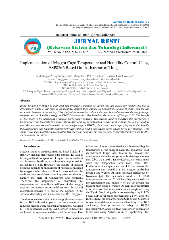 (PDF) Implementation of Maggot Cage Temperature and Humidity Control Using ESP8266 Based On the ...