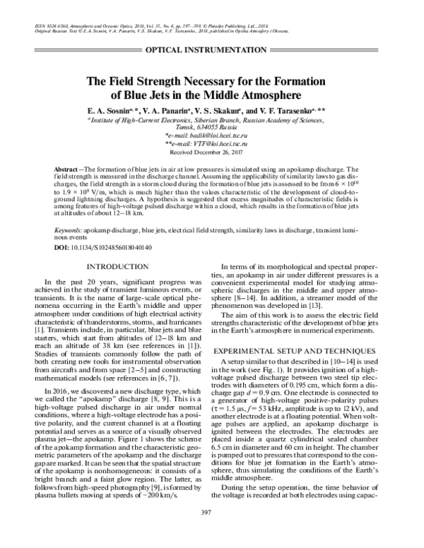 (PDF) Field Strength for Middle Atmosphere Blue Jets