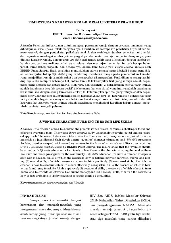 (PDF) Pembentukan Karakter Remaja Melalui Keterampilan Hidup