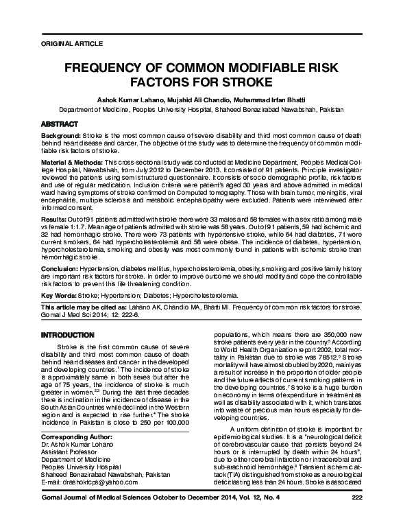 (PDF) Frequency of Common Modifiable Risk Factors of Stroke
