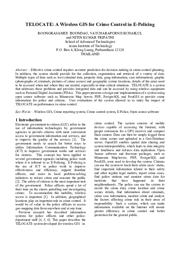 (PDF) Telocate: A wireless GIS for crime control in E-policing