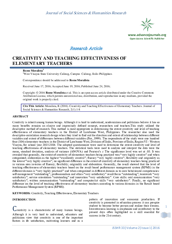 (PDF) Creativity and Teaching Effectiveness of Elementary Teachers