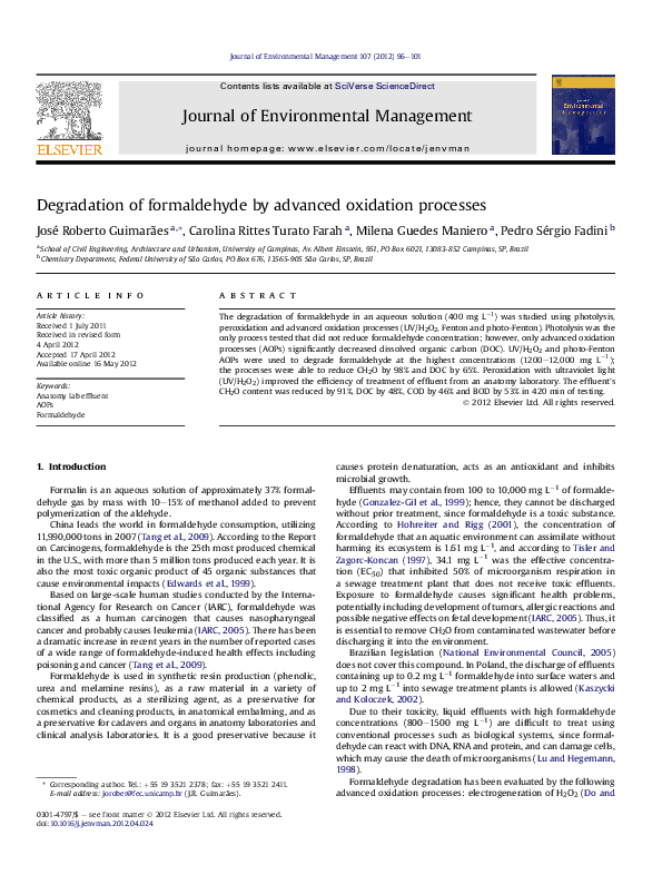 (PDF) Degradation of formaldehyde by advanced oxidation processes