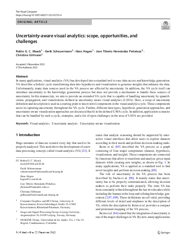(PDF) Uncertainty-aware visual analytics: scope, opportunities, and challenges