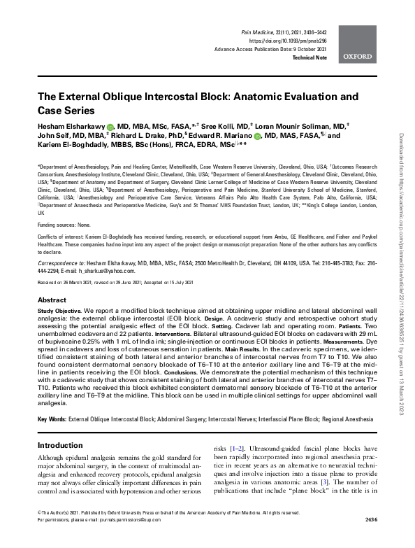 (PDF) The External Oblique Intercostal Block: Anatomic Evaluation and ...