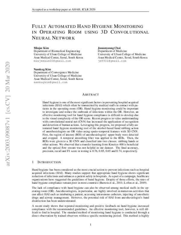Pdf Fully Automated Hand Hygiene Monitoringin Operating Room Using 3d Convolutional Neural