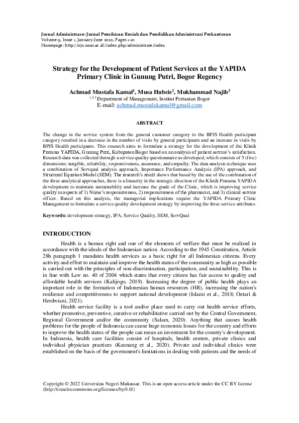 (PDF) Strategy for the Development of Patient Services at the YAPIDA ...