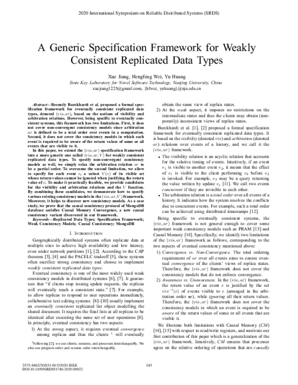 Pdf A Generic Specification Framework For Weakly Consistent Replicated Data Types 