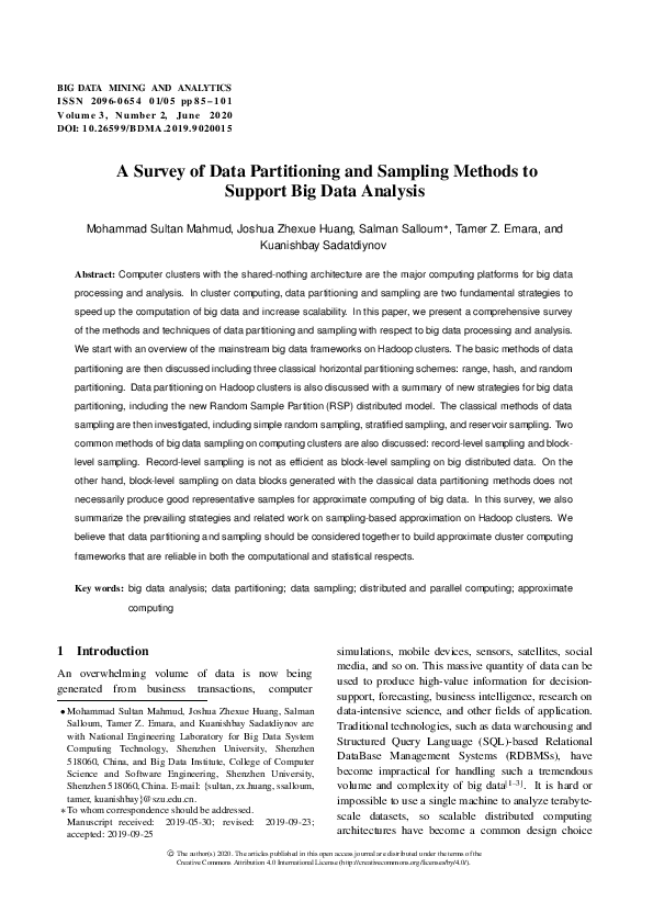 (PDF) A survey of data partitioning and sampling methods to support big data analysis
