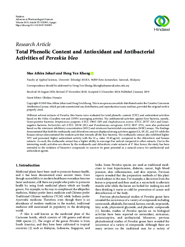 (PDF) Total Phenolic Content and Antioxidant and Antibacterial Activities of Pereskia bleo | mas ...