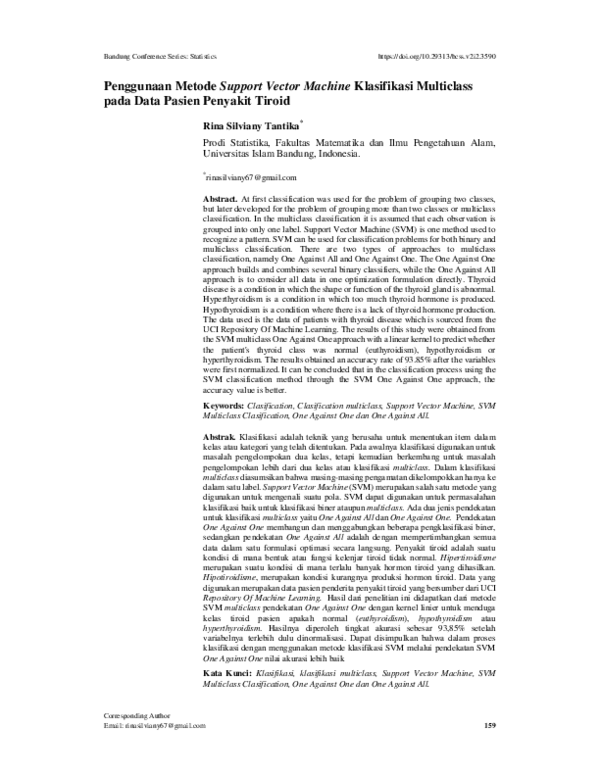Pdf Penggunaan Metode Support Vector Machine Klasifikasi Multiclass Pada Data Pasien Penyakit