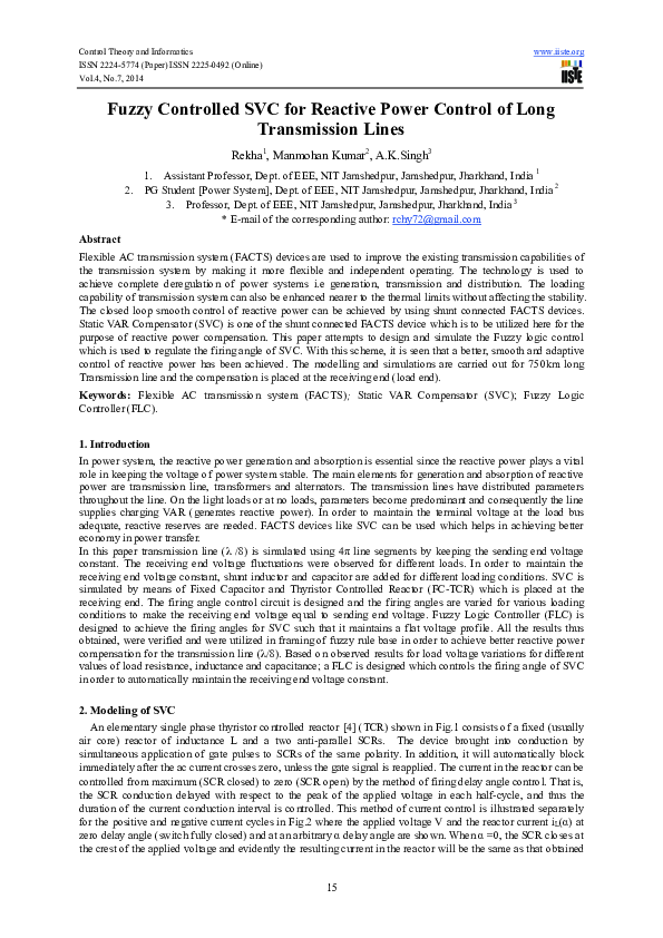 (PDF) Fuzzy Controlled SVC for Reactive Power Control of Long Transmission Lines
