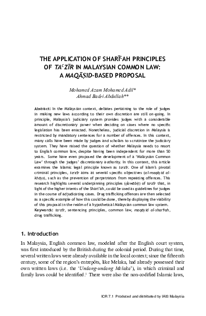 (PDF) The Application of Shariah Principles of Ta'zīr in Malaysian ...