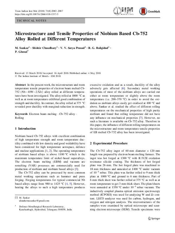 (PDF) Microstructure and Tensile Properties of Niobium Based Cb-752 Alloy Rolled at Different ...
