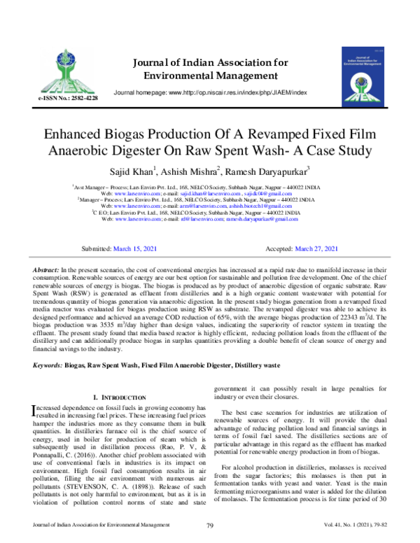 (PDF) Enhanced Biogas Production Of A Revamped Fixed Film Anaerobic Digester On Raw Spent Wash ...