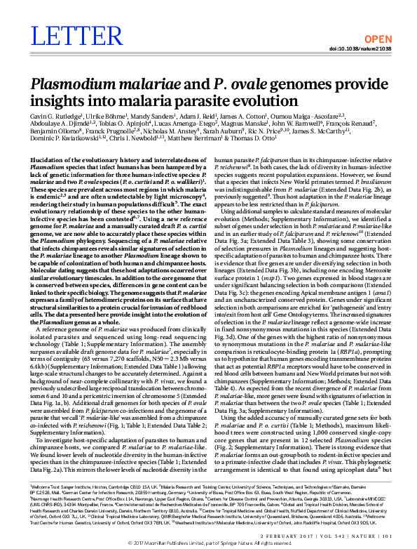 (PDF) Plasmodium malariae and P. ovale genomes provide insights into ...