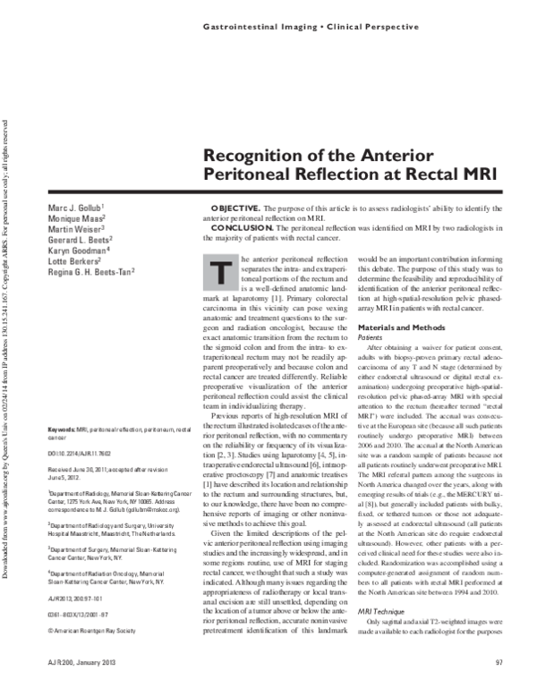 (PDF) Recognition of the Anterior Peritoneal Reflection at Rectal MRI