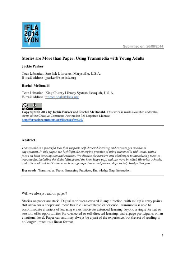 (PDF) Stories are More than Paper: Using Transmedia with Young Adults