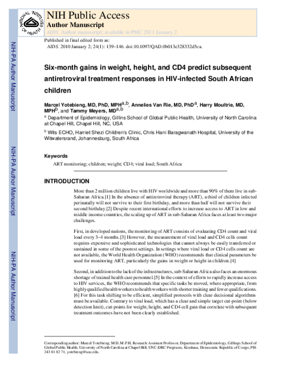 (PDF) Six-month gain in weight, height, and CD4 predict subsequent antiretroviral treatment ...