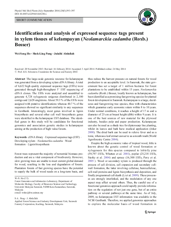 (PDF) Identification and analysis of expressed sequence tags present in ...
