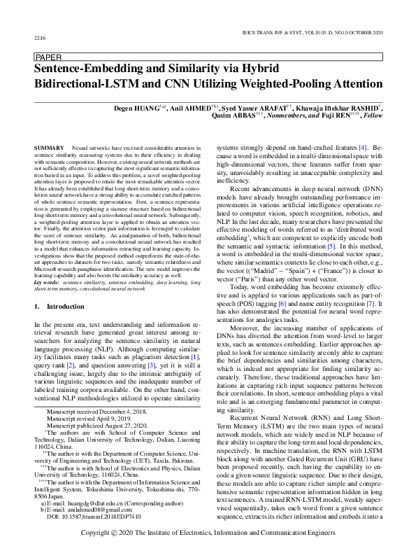 Pdf Sentence Embedding And Similarity Via Hybrid Bidirectional Lstm And Cnn Utilizing Weighted