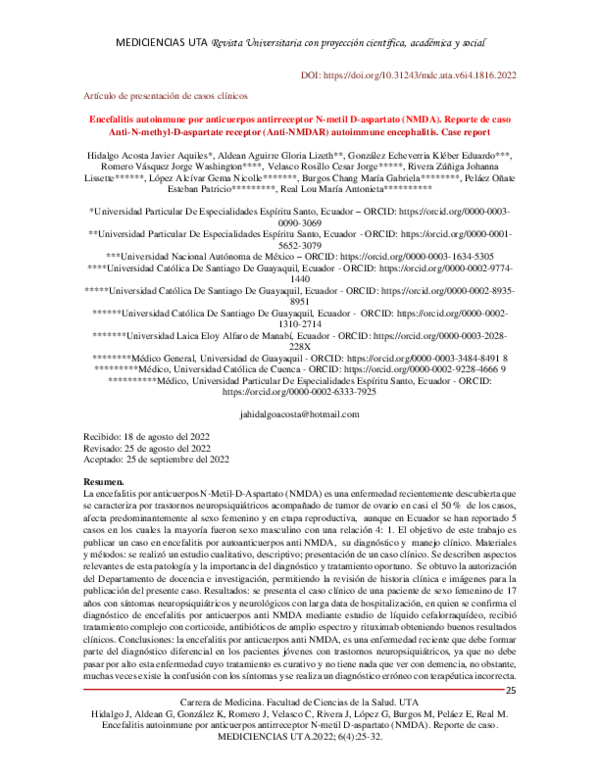 (PDF) Encefalitis autoinmune por anticuerpos antirreceptor N-metil D ...