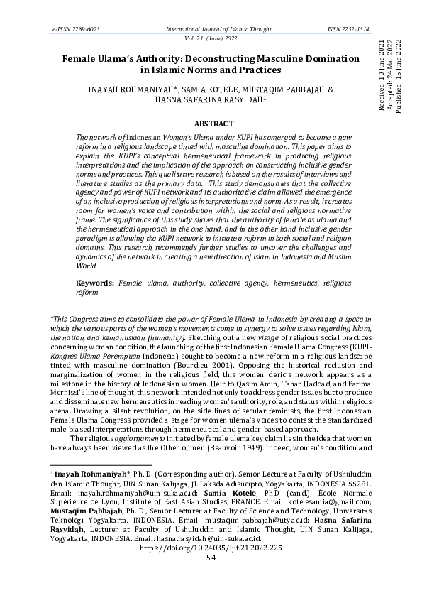 (PDF) Female Ulama’s Authority: Deconstructing Masculine Domination in ...