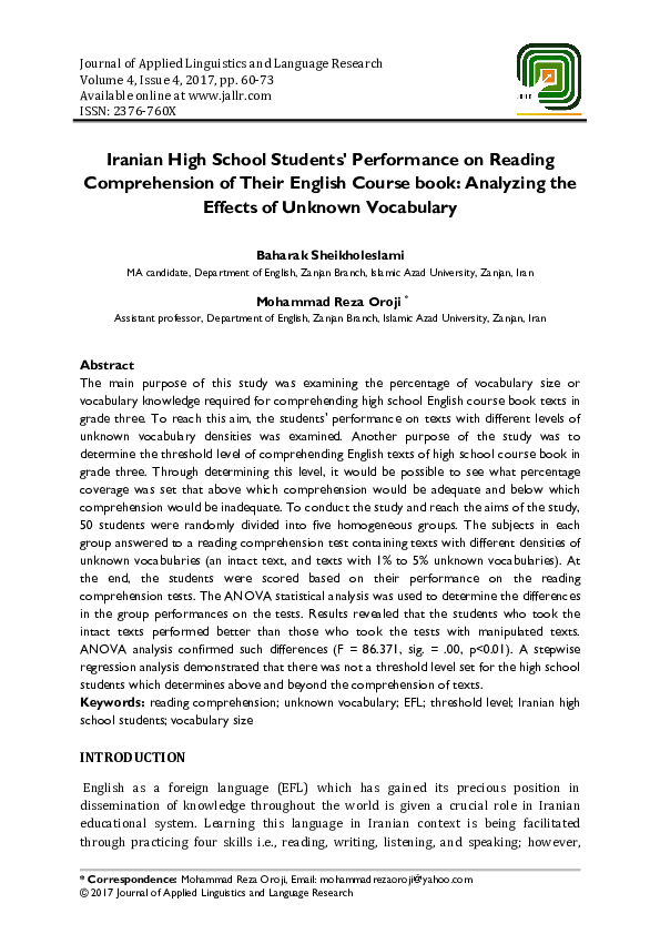 (PDF) Iranian High School Students' Performance on Reading ...
