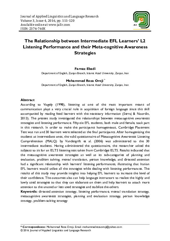 (PDF) The Relationship between Intermediate EFL Learners’ L2 Listening Performance and their ...