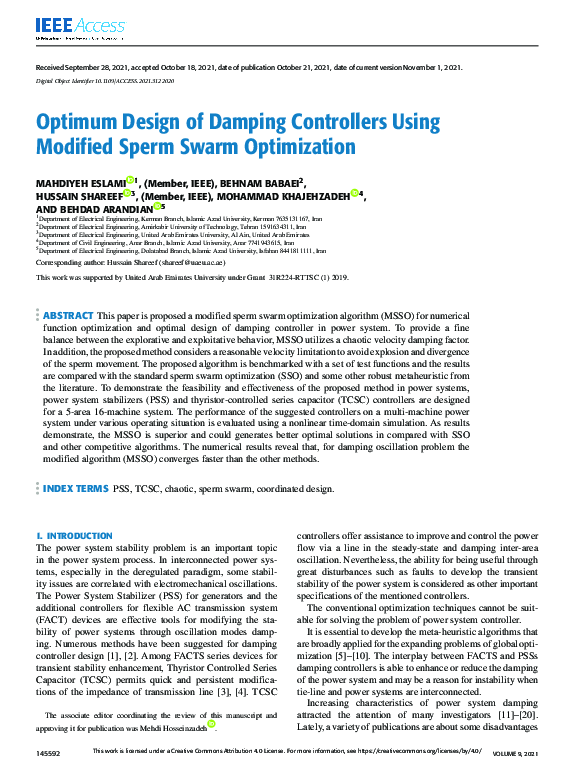 (PDF) Optimum Design of Damping Controllers Using Modified Sperm Swarm Optimization