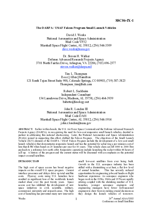 (PDF) The DARPA/USAF Falcon Program Small Launch Vehicles