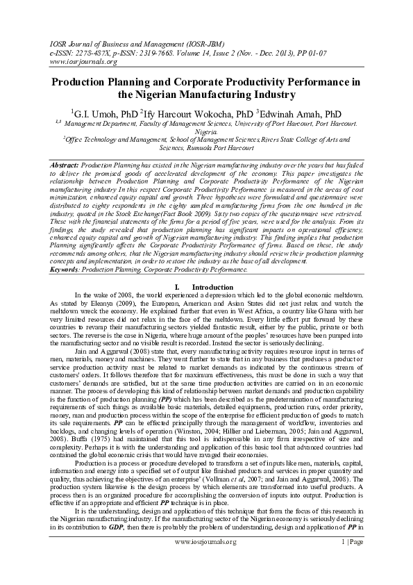 (PDF) Production Planning and Corporate Productivity Performance in the Nigerian Manufacturing ...