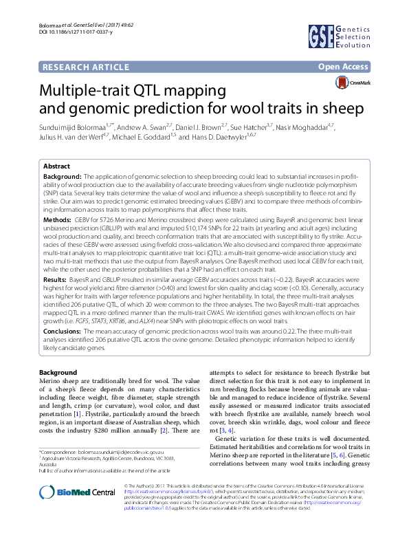 (PDF) Multiple-trait QTL mapping and genomic prediction for wool traits in sheep | J. Van Der ...