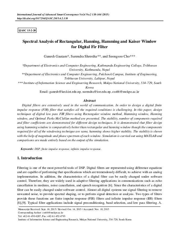 (PDF) Spectral Analysis of Rectangular, Hanning, Hamming and Kaiser ...