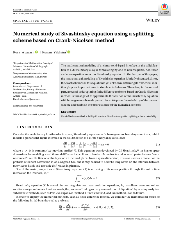 (PDF) Numerical study of Sivashinsky equation using a splitting scheme based on Crank‐Nicolson ...