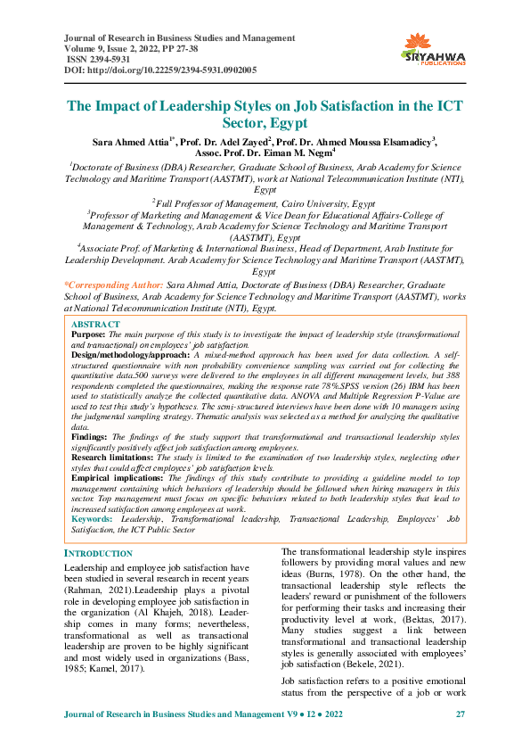 (PDF) The Impact of Leadership Styles on Job Satisfaction in the ICT ...