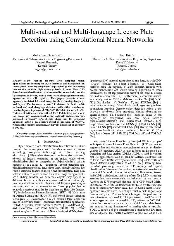 (PDF) Multi-national and Multi-language License Plate Detection using Convolutional Neural Networks
