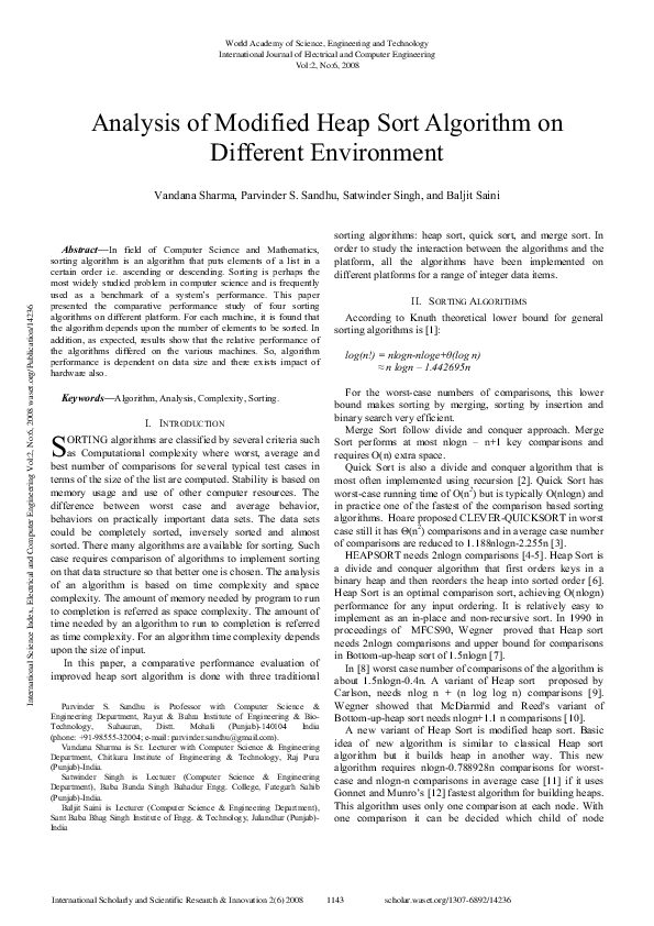 Pdf Comparative Performance Of Modified Heap Sort On Various Platforms